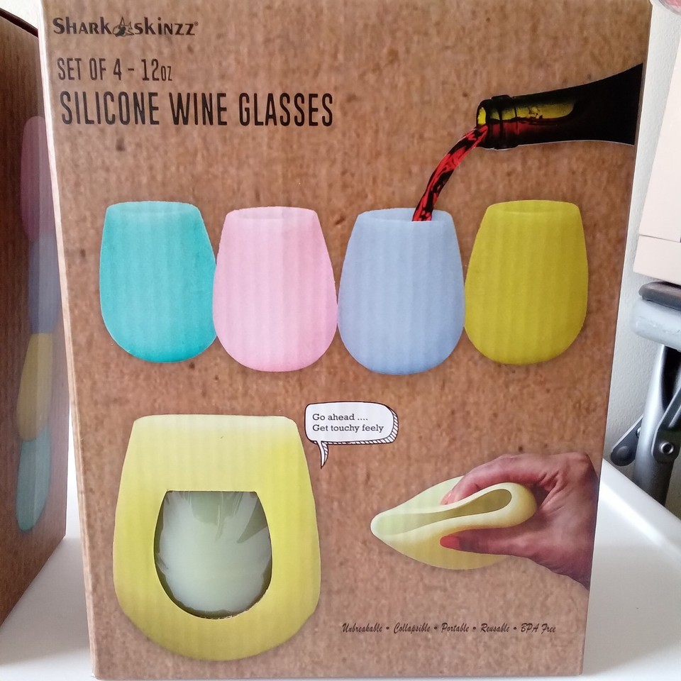 Shark Skinzz NIB Lot of 2 Sets of 4 12 oz Silicone Wine Glasses Pastel ...
