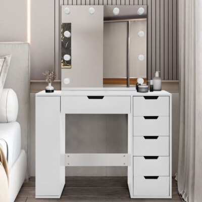 Modern Dressing Table with LED Bulbs Mirror+6 Drawer Storage Make Up ...