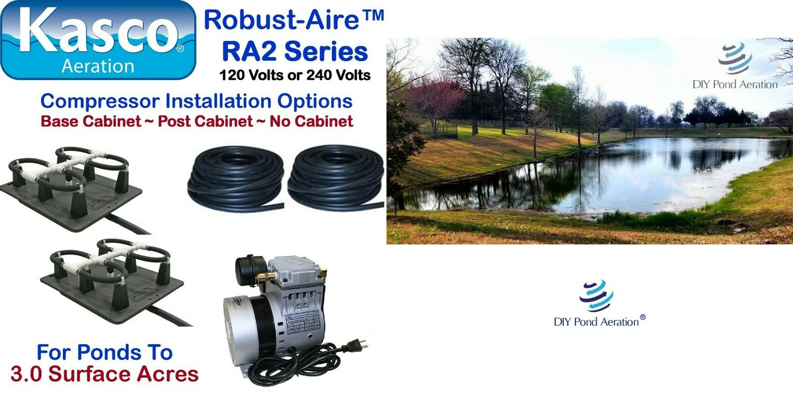 Kasco Aeration Robust-Aire 1/4hp RA2-PM UP To 3 Acre 230V +Cabinet +2 ...