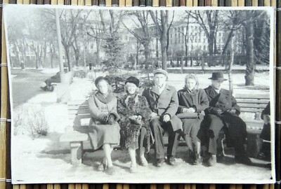 Soviet Citizens resting in winter city park on a bench. Vintage photo ...