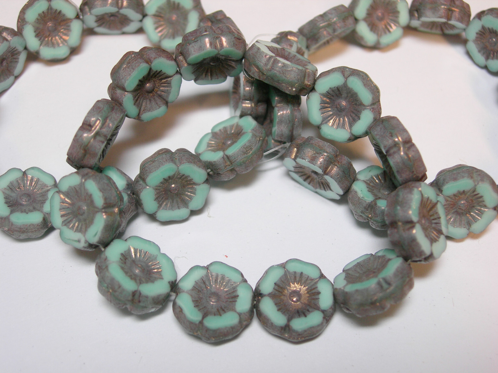 12 beads - Mint Green Silk w/ Blue Bronze Czech Glass Flower Beads 12mm ...