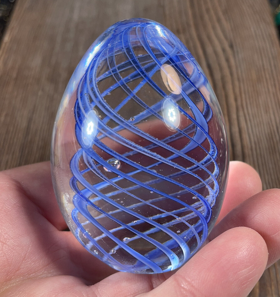 Egg Shaped Studio Art Glass Paperweight Blue Clear Swirl 2.5 ...