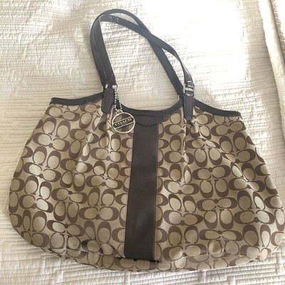 Coach Signature Stripe Devin Shoulder F28503 Khaki/Brown Canvas Tote | eBay