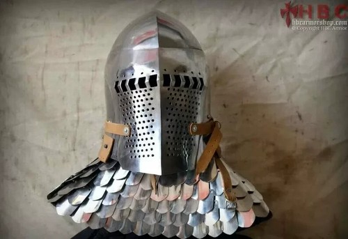 16GA Steel Medieval Rao Bascinet Pig Faced Helmet W Chainmail Inside ...