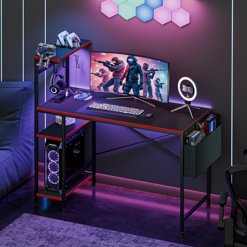 44" LED Computer Desk Reversible Shelves Corner Gamer Desk with Headset ...