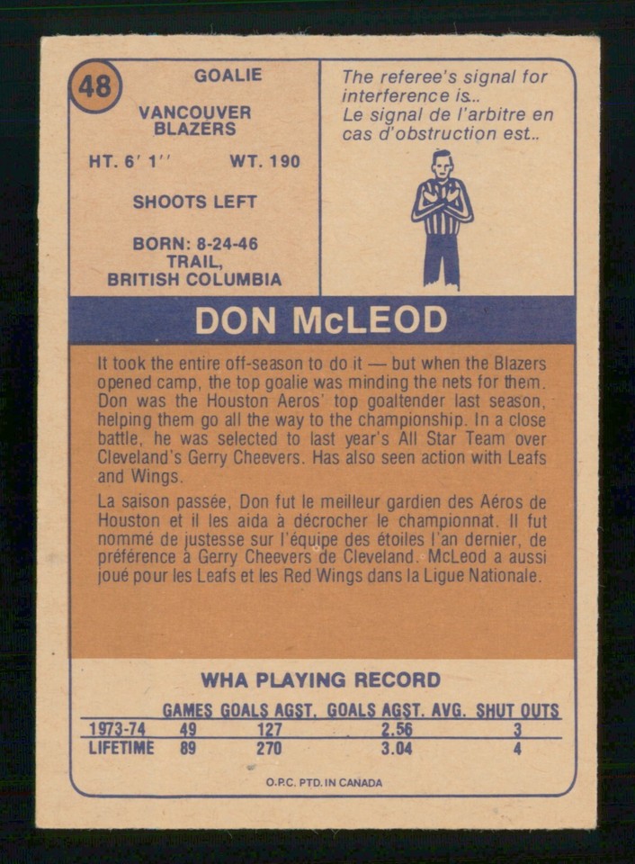 DON McLEOD RC 1974-75 O-PEE-CHEE WHA 74-75 NO 48 NRMINT+ 74174 | eBay