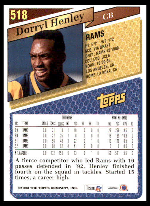 1993 Topps #518 Darryl Henley Los Angeles Rams Football Card | eBay