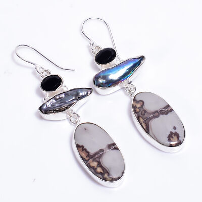 Coffee Bean Jasper Pearl Gemstone Fashion Jewelry 925 Silver Earrings 2 ...
