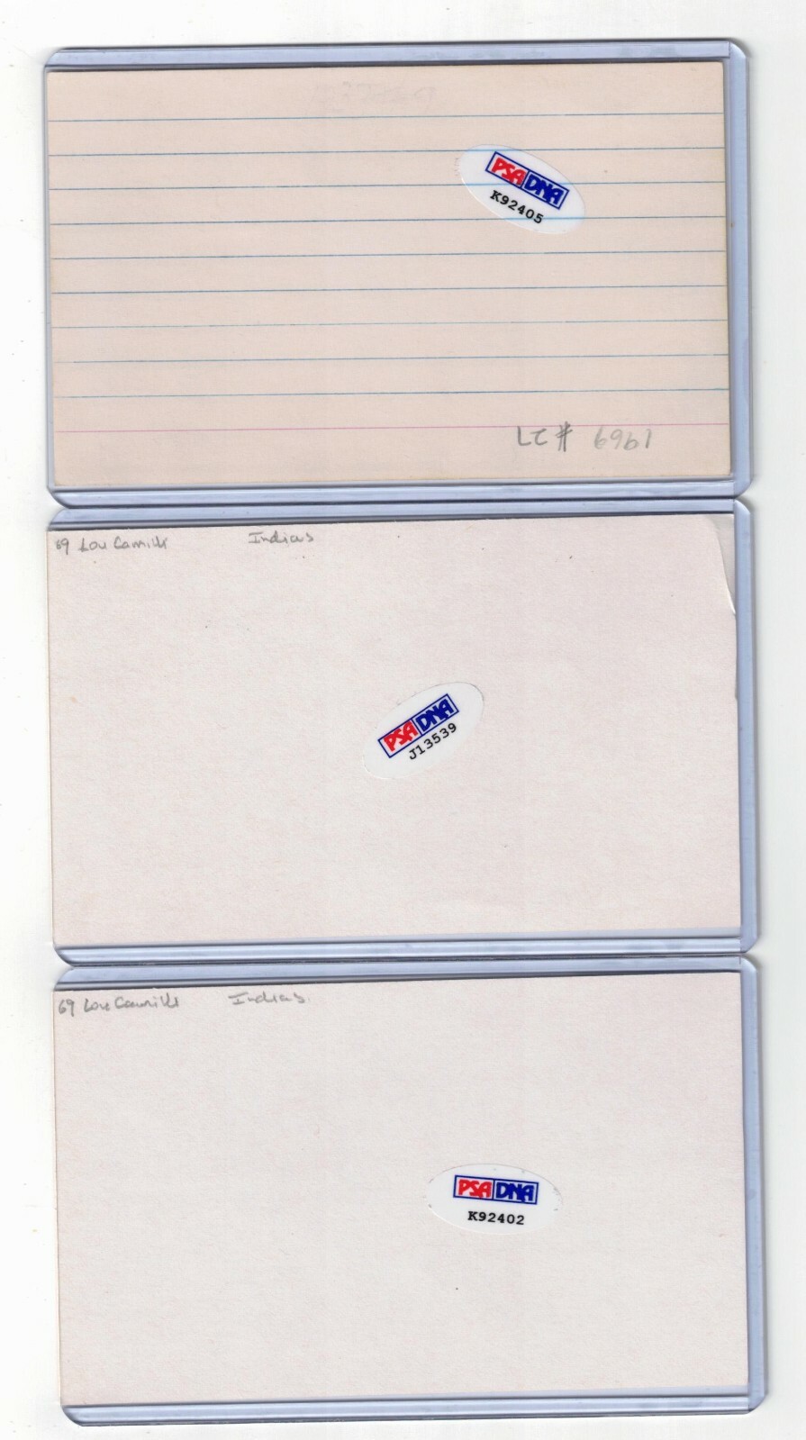 (3) LOU CAMILLI INDEX CARD SIGNED 1969-72 CLEVELAND INDIANS PSA/DNA ...