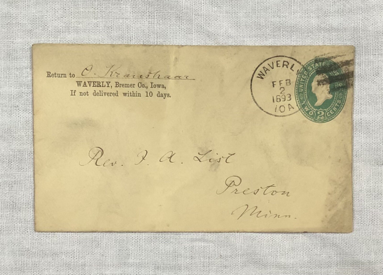 1893 Waverly Iowa Preston MN Postmarks 2 cent Oval Green Stamped ...