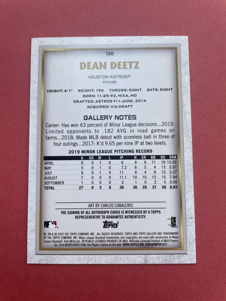 2020 Dean Deetz Auto Signed Topps Gallery Houston Astros NS | eBay
