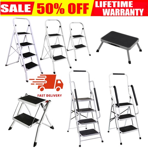 2 3 4 Step Ladder Steel Non Slip Tread Stepladder Safety Rail Handrail ...
