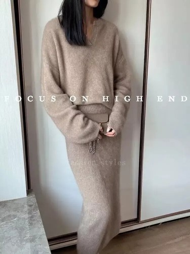 Women Cashmere Set Fleece Sweater + Mid-length Skirt Two-piece Autumn ...