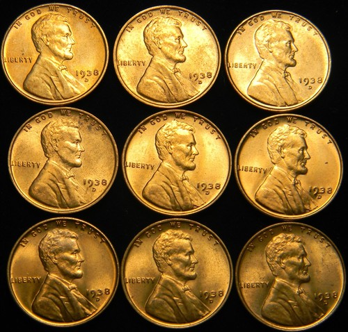 1938-D LOT OF 9 UNCIRCULATED RED LINCOLN WHEAT CENTS PENNIES, GRADE ...