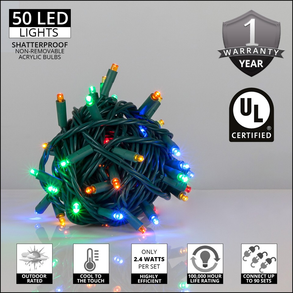 25' Commercial LED Christmas Lights Mini Lights, 50 Lights White Multi ...
