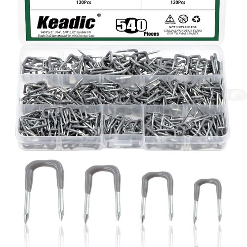 540Pcs 1", 3/4", 5/8", 1/2" Insulated U Staple Nail Assorted Size Set ...