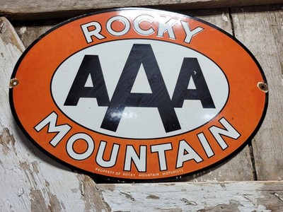 VINTAGE AAA ROCKY MOUNTAIN PORCELAIN SIGN MOTORISTS AUTOMOBILE CAR CLUB ...