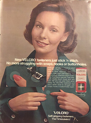 1974 Velcro Self Gripping Fasteners PRINT AD Stick N Stitch Timesavers ...