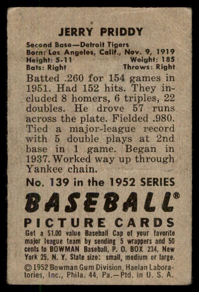 1952 Bowman #139 Jerry Priddy (rounded corners & creases) | eBay