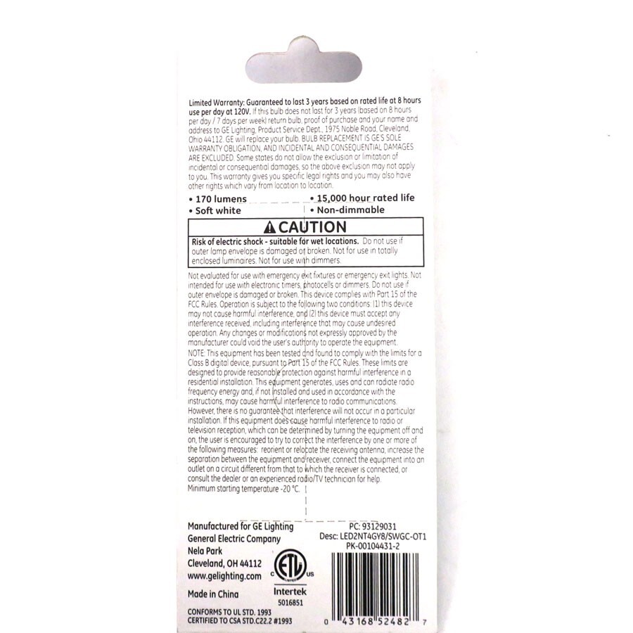 GE Specialty LED 20 Watt, 120 Volts, T4 Soft White Bulb GY8.6 Flat Pin ...