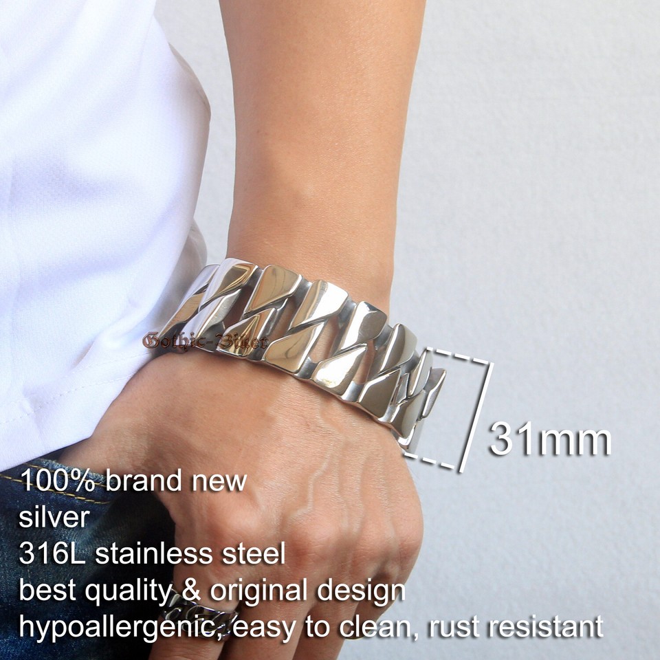 Heavy Metal Mens 31mm Stainless Steel Curb Cuban Link Chain Bracelet 8. ...