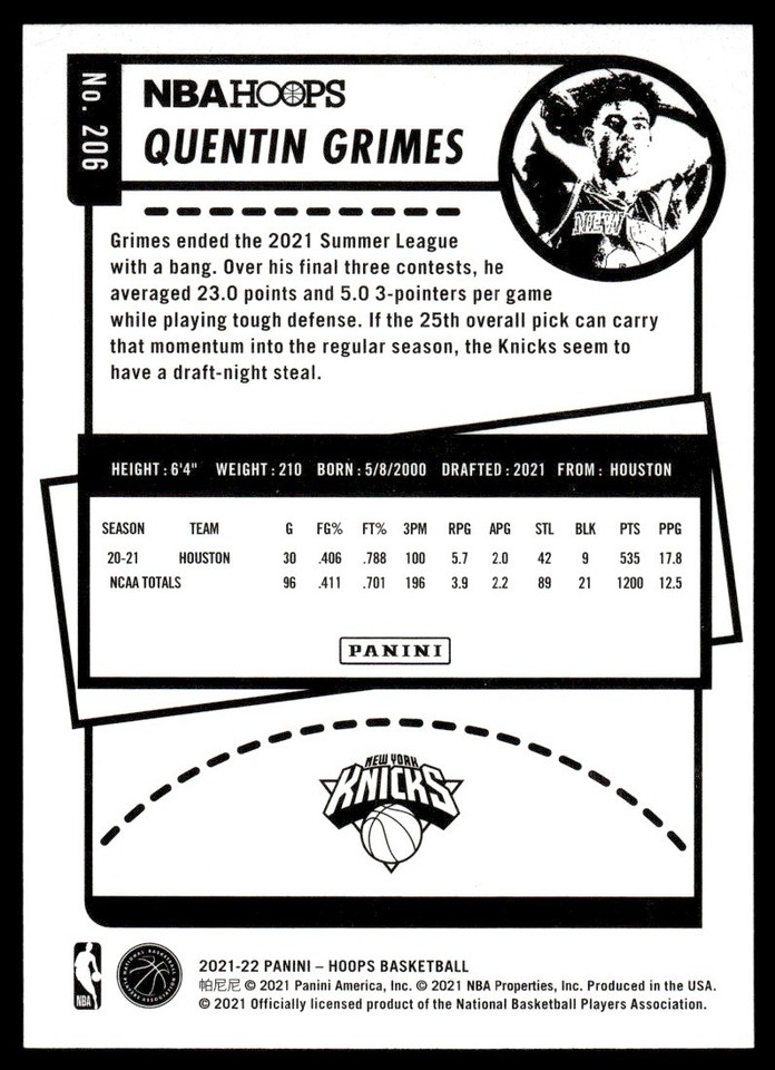 2021-22 Hoops Quentin Grimes Rookie New York Knicks #206 | eBay