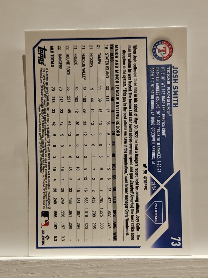 2023 Topps Chrome Baseball #73 Josh Smith RC Texas Rangers Rookie Card ...