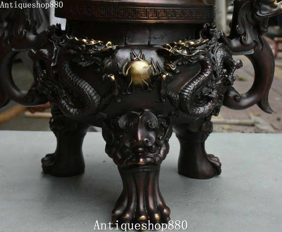 48CM Chinese Pure Bronze Ancient Dragon Lion Bead Incense Burner Censer ...