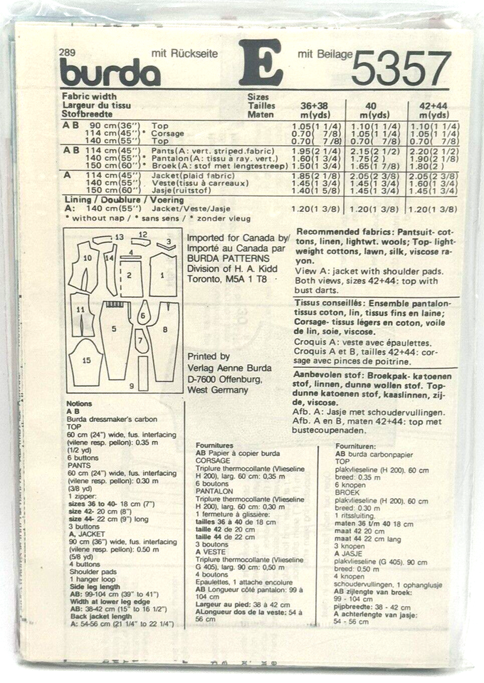 Rare Burda Pattern #5357 - Ladies Top, Pants & Jacket - (Sizes 10-18 ...