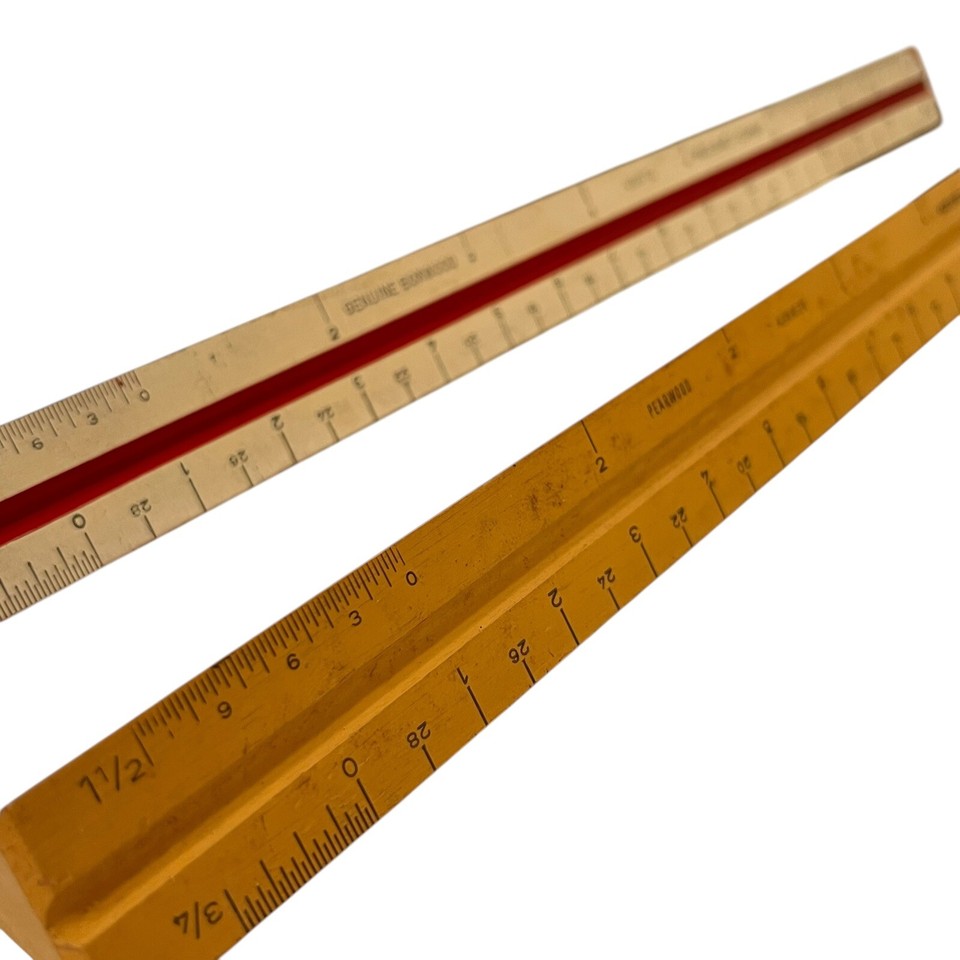 Vintage Set 2 TRIANGLE Boxwood Pearwood Engineer Ruler W Germany ALVIN ...
