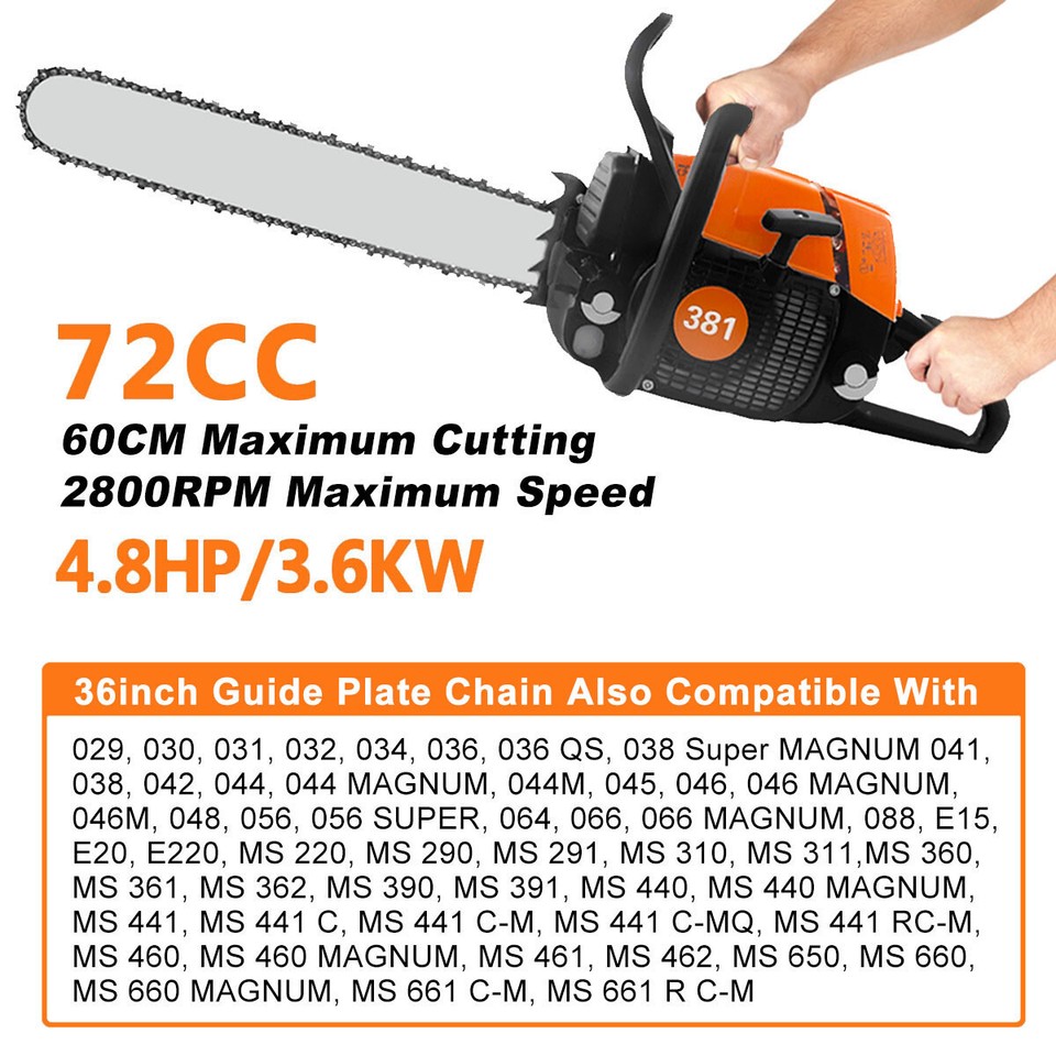 MS381 36'' Bar Chain Chainsaw 72cc Top Handle Gasoline Power For Stihl ...