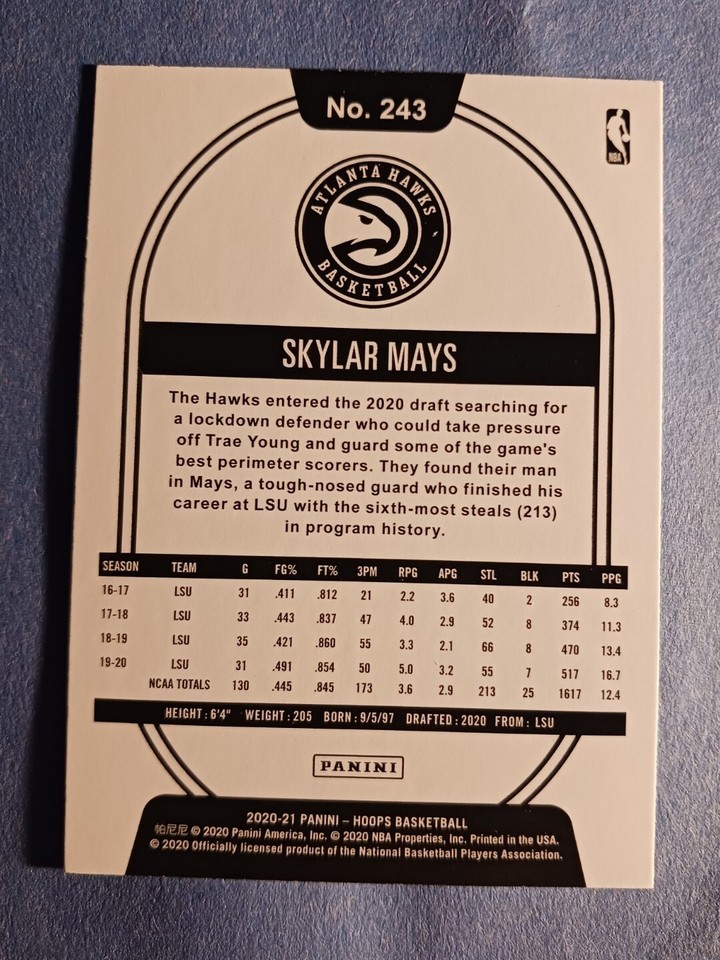 2020-21 Panini NBA Hoops #243 Skylar Mays Rookie Card RC Atlanta Hawks ...