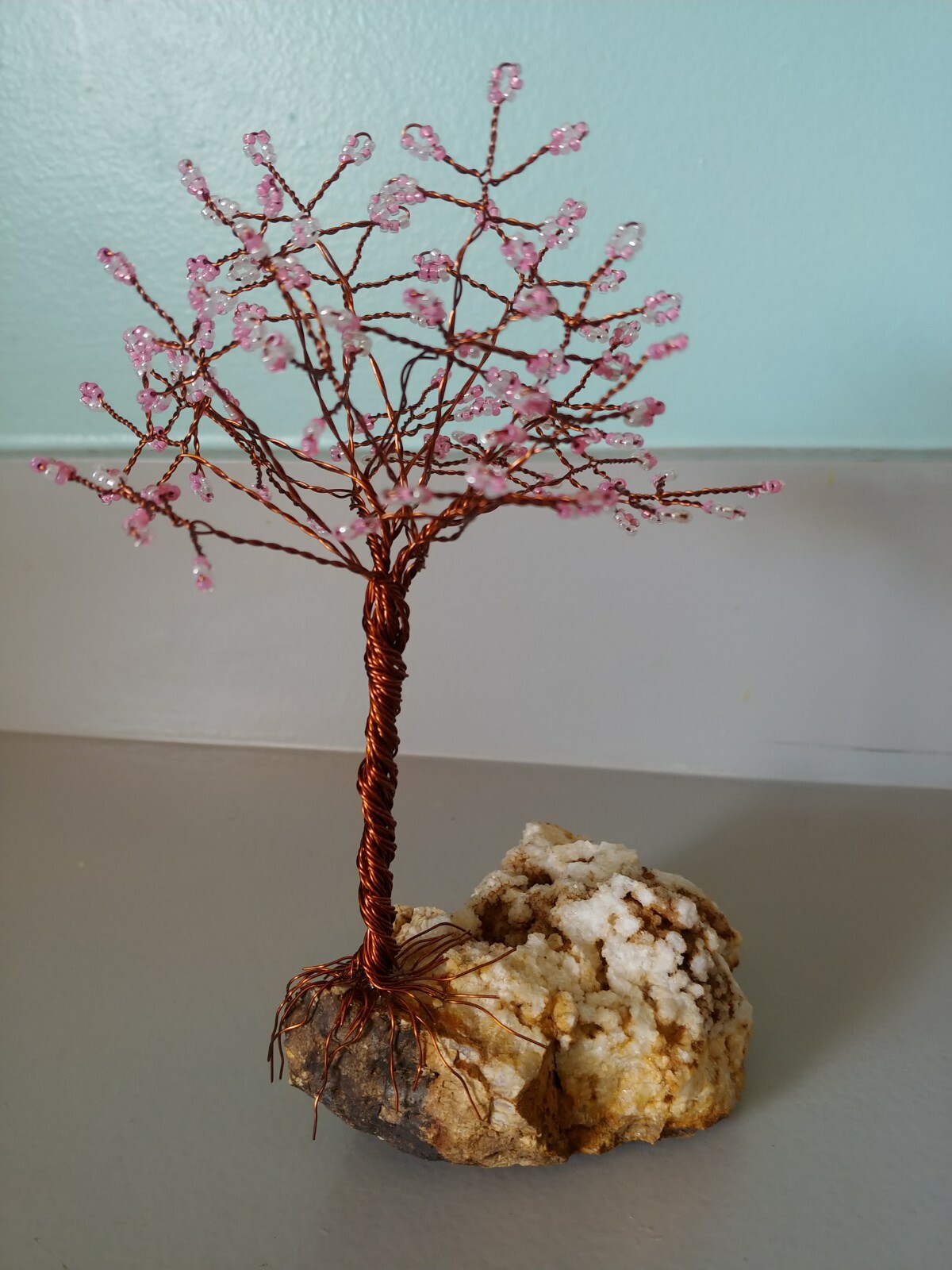 NEW set of 2 french beaded flower handmade tree geode tree rock pink ...
