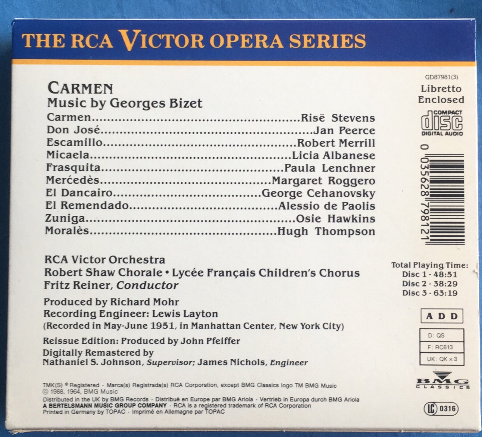 BIZET - CARMEN 3 disc set - FRITZ REINER Risë Stevens - BEL EXEMPLAIRE ...