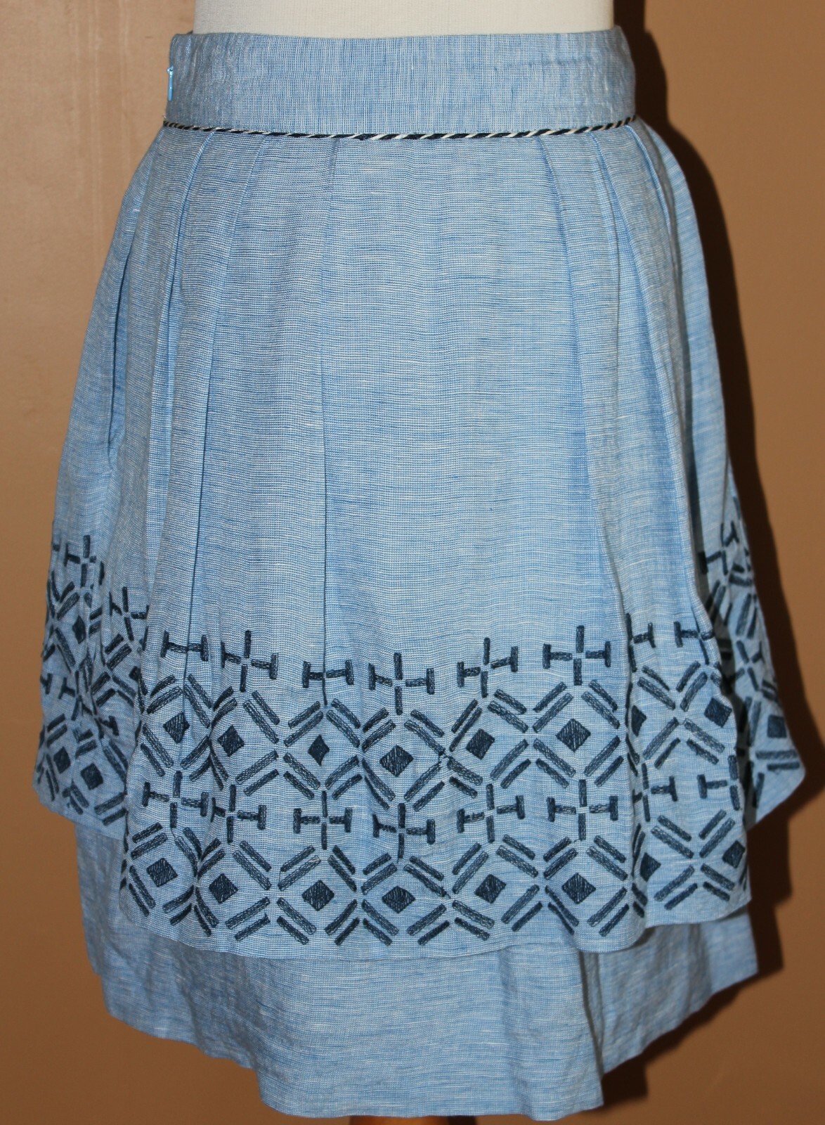 ODILLE Blue Pleated Tiered Embroidered Hemline Skirt … - Gem