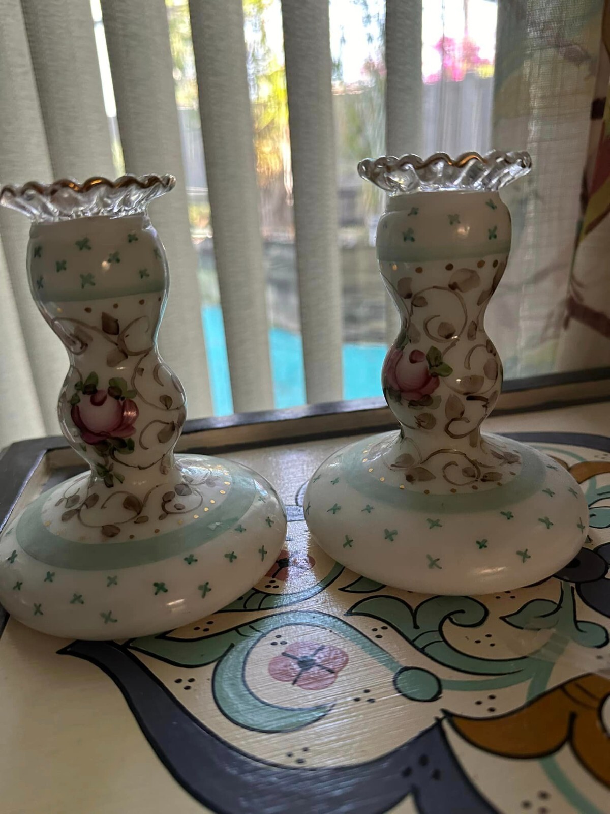 Vintage Fenton Charleton Roses Candlesticks Pair Ruffle Top with Gold ...