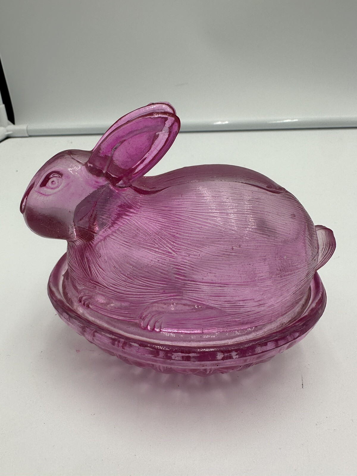 Pink Glass Bunny Nesting On Basket Easter Trinket Rabbit Spring 5”x4.5 ...