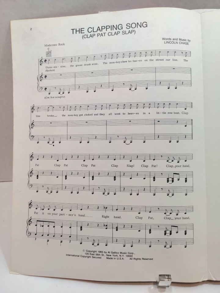 The Clapping Song Sheet Music Pia Zadora Piano Voice Guitar 80s Rock ...