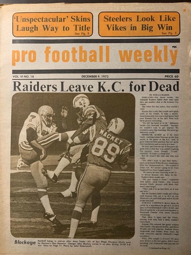 12/9/1972 NFL Pro Football Weekly Newspaper - "Raiders leave KC for ...