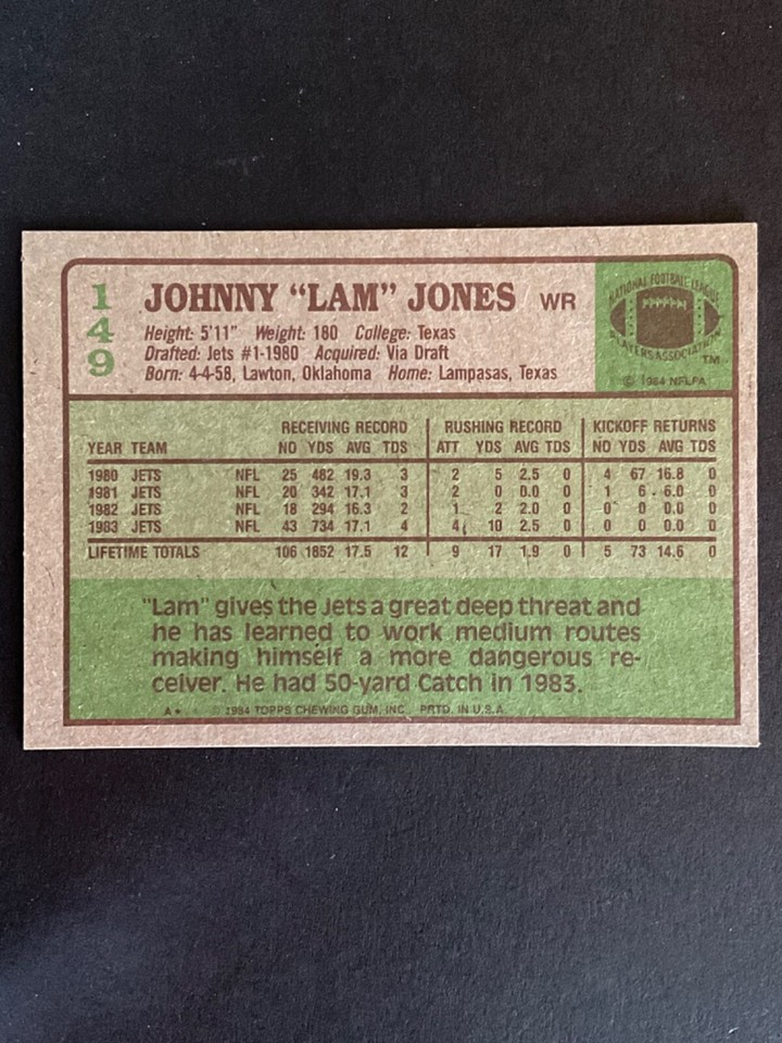 Johnny "Lam" Jones 1984 Topps Football Card #149 - New York Jets ...