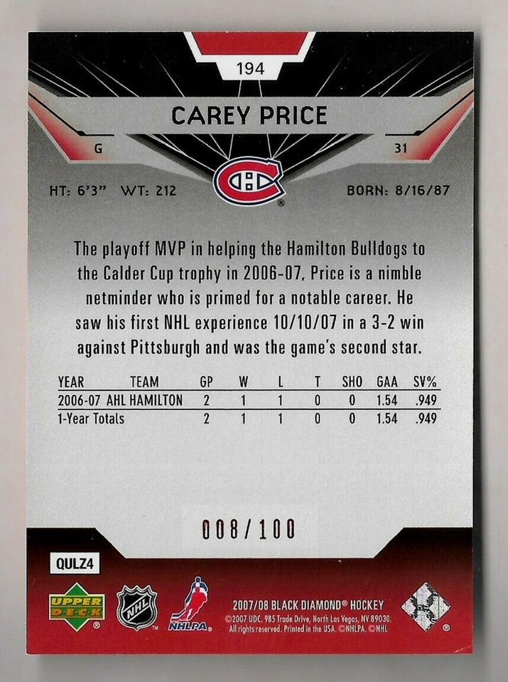 CAREY PRICE 07-08 UD BLACK DIAMOND QUAD SP RUBY ROOKIE GEMS #194 008/ ...