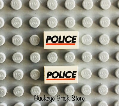 LEGO 2 White 1x2 Tile with Police in Black Red Underline 6398 6483 6598 ...