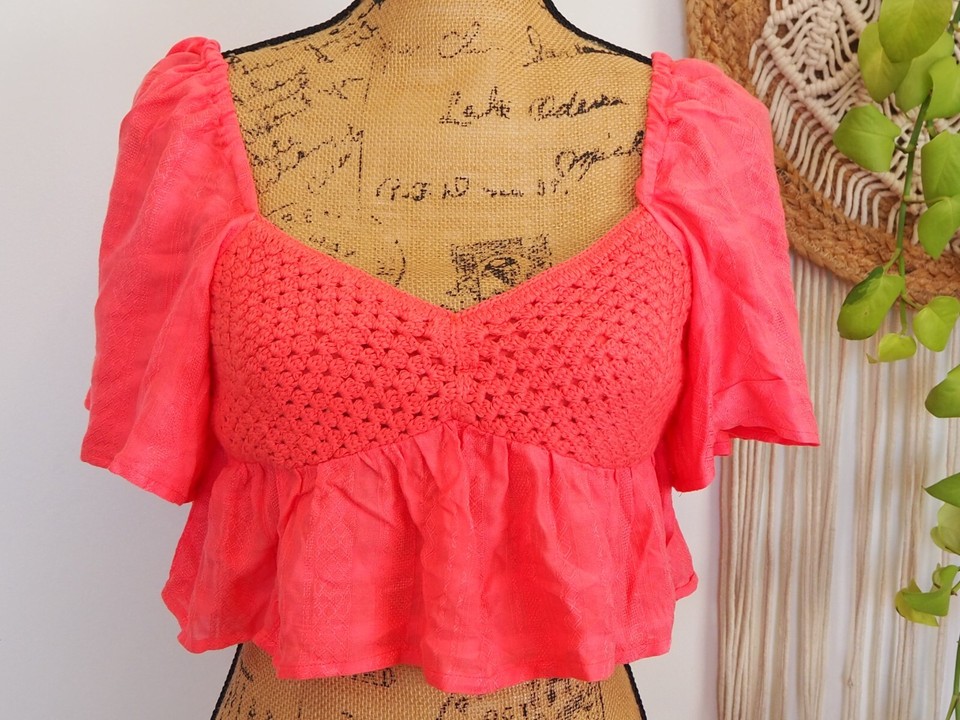 Coral Pink Crochet Bust Flutter Sleeve Hem Festival Crop Top Smocked ...