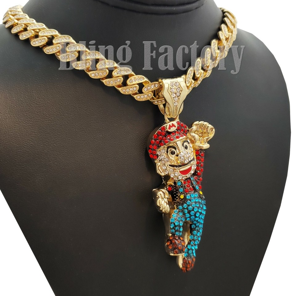 Hip Hop Super Mario Pendant & 18" Iced Cuban Box Lock Choker Chain ...
