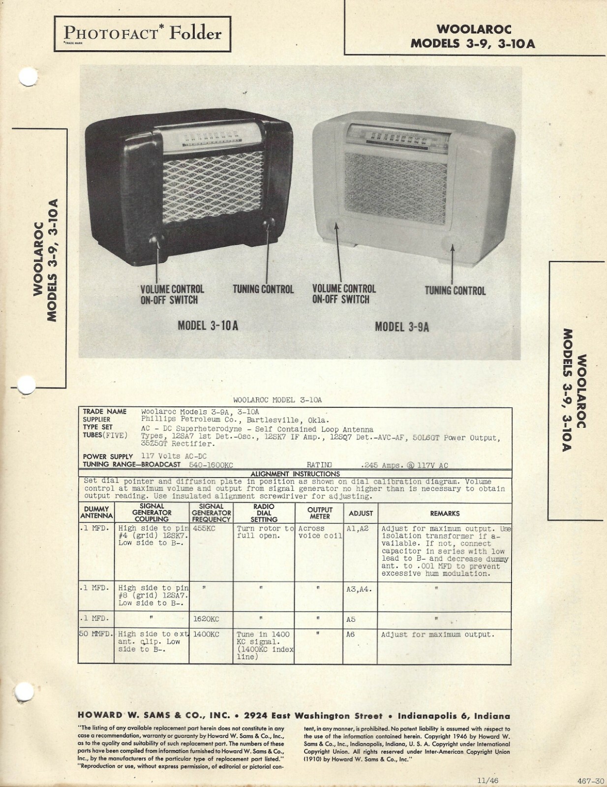 Sams Photofact Folder Radio Parts Manual Schematic WOOLAROC Models 3-9 ...