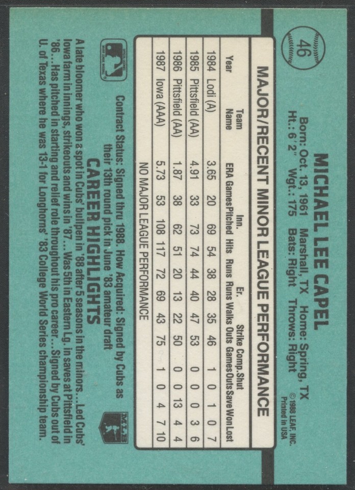 1988 Donruss The Rookies #46 Mike Capel Chicago Cubs | eBay