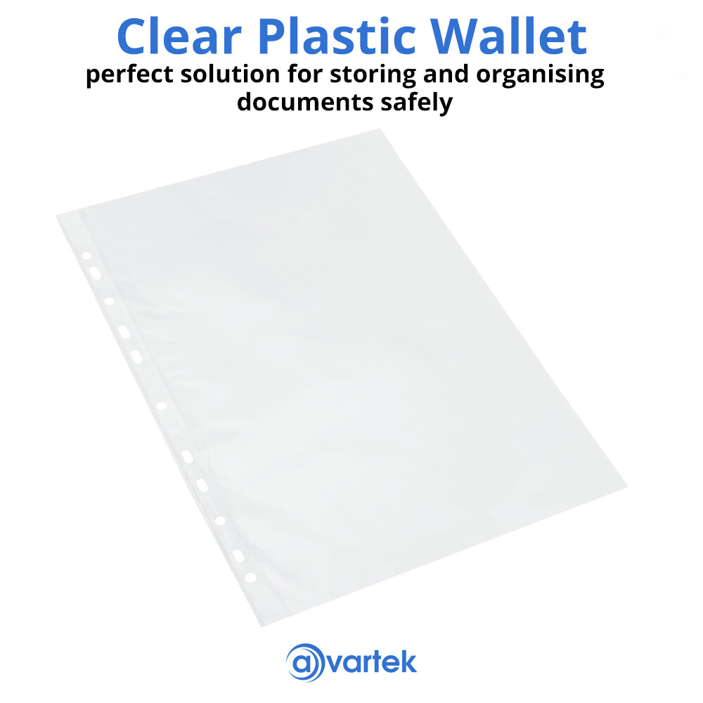 100 X A4 PLASTIC PUNCH PUNCHED POCKETS 50 MICRON FILING WALLETS FOLDERS ...