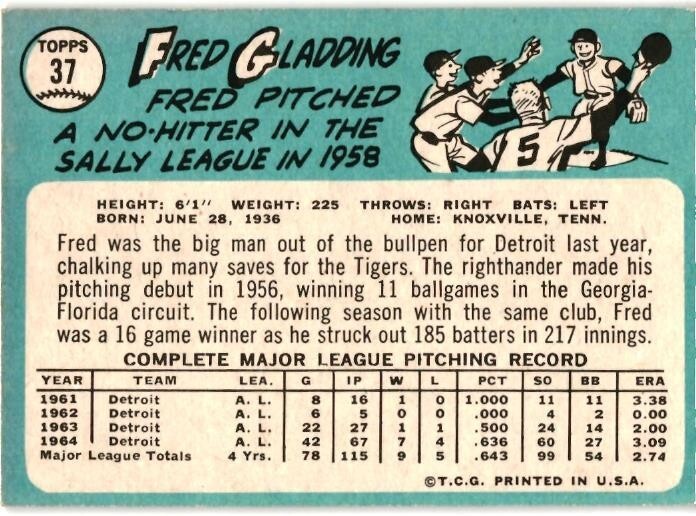 1965 Topps # 37 - FRED GLADDING - DETROIT TIGERS - EXMT | eBay