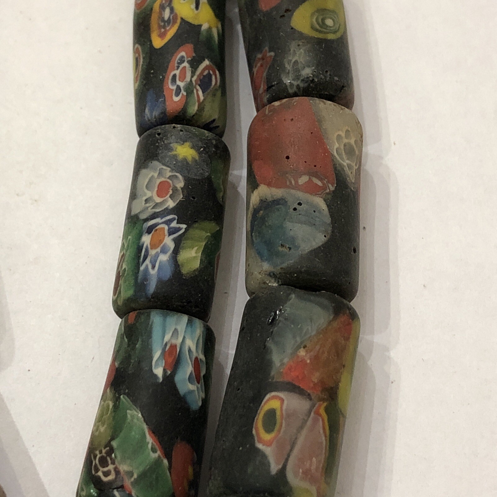 23" Vintage Multi Color Fused Mosaic Art Glass Tube Trade Bead Strand ...