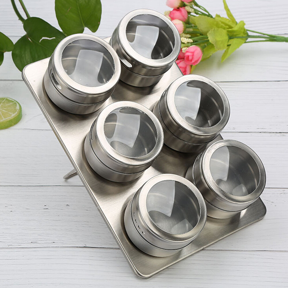 4/6/9/12 Magnetic Spice Jar w Rack Stainless Steel Spice Sauce Storage ...